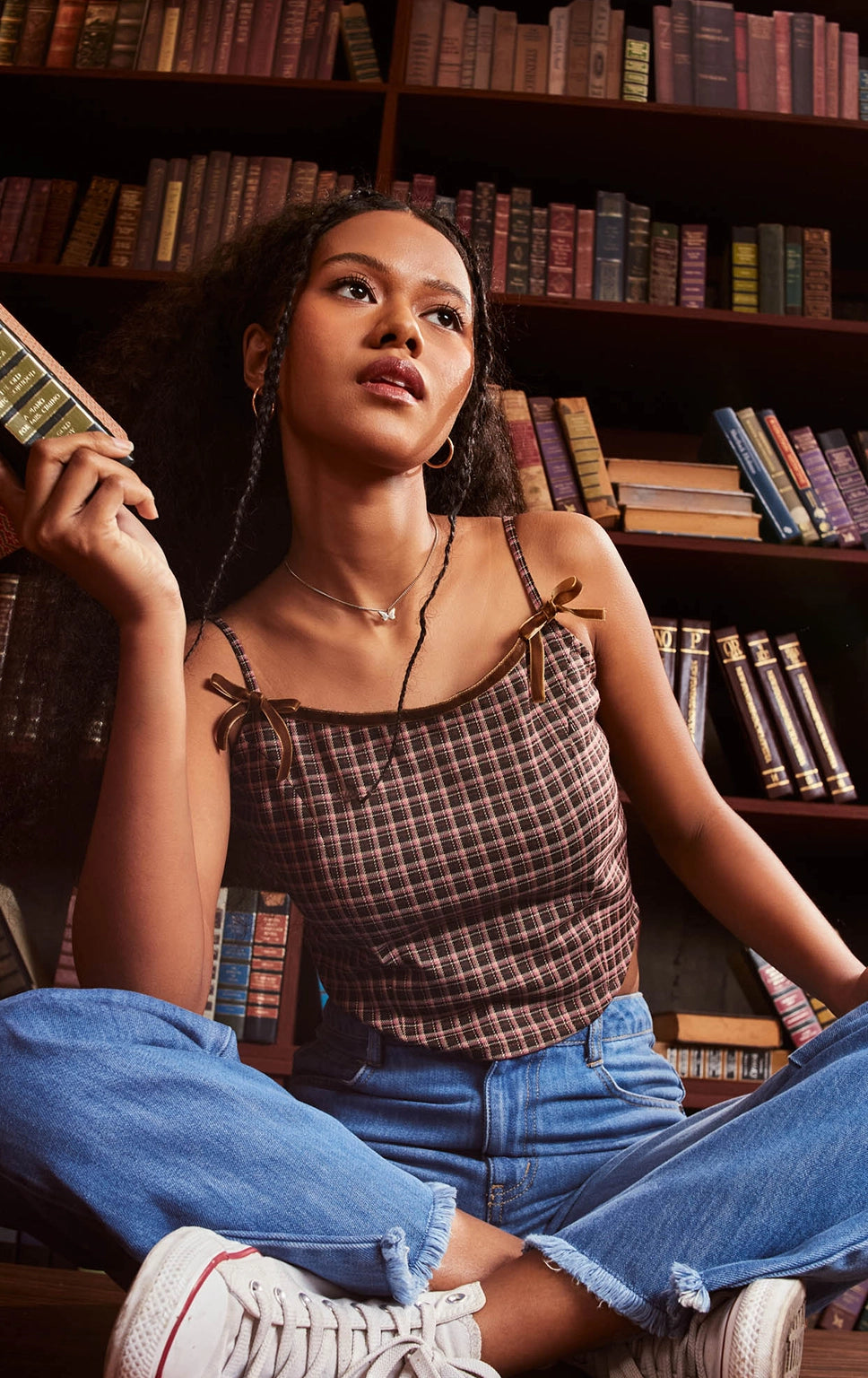 CHECKERED CORSET-LIKE STRAPPY TOP WITH BOWS – Just G